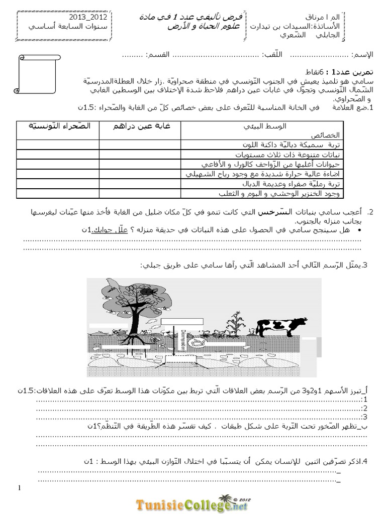 Devoir de Synthèse N°1 - SVT - 7ème (2012-2013) Mme Ben Tidert Wafa | PDF