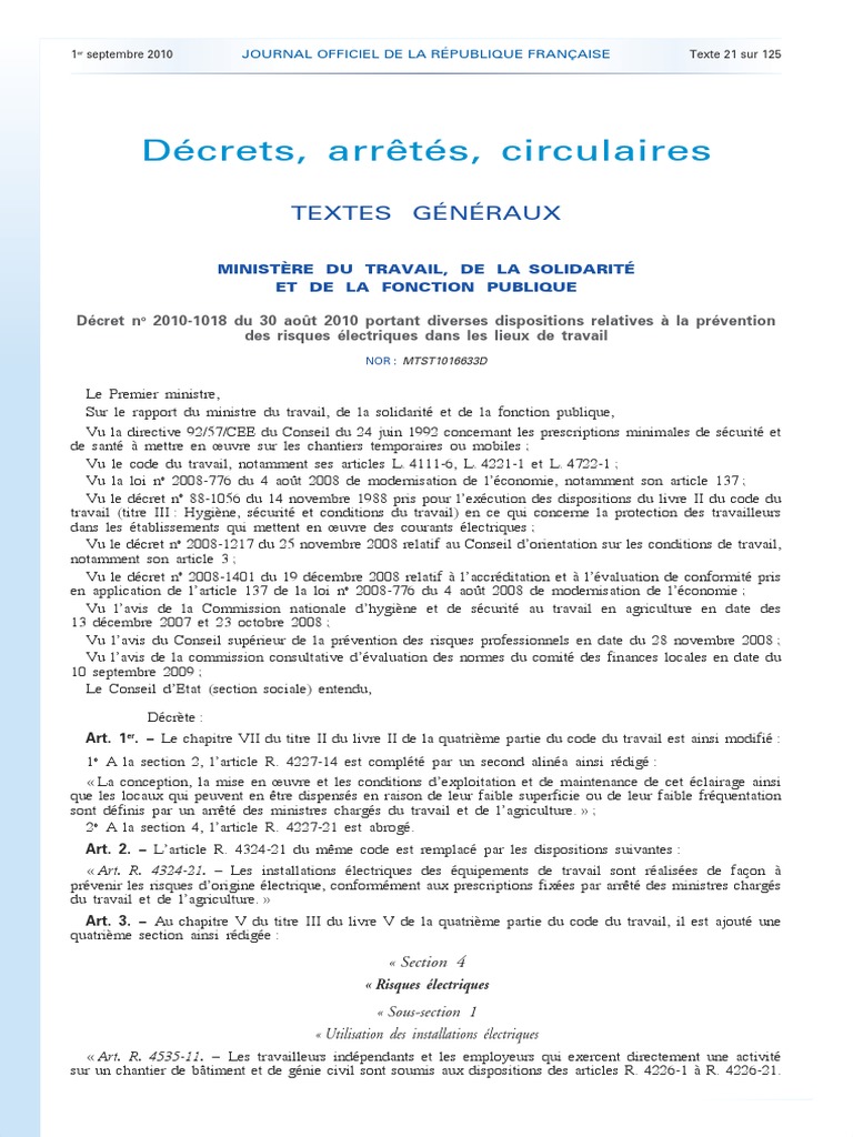 Décret N° 2010-1018 Du 30 Août 2010-PREVENTION DES RISQUES ELECTRIQUES ...
