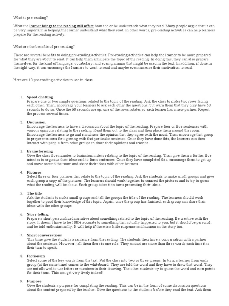 Pre and Post Reading Activities | PDF | Learning | Reading Comprehension