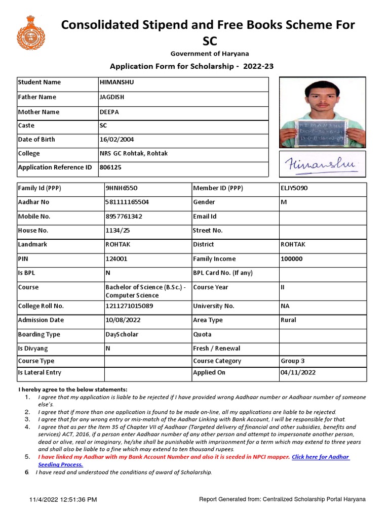 Consolidated Stipend and Free Books Scheme For SC: Application Form For ...