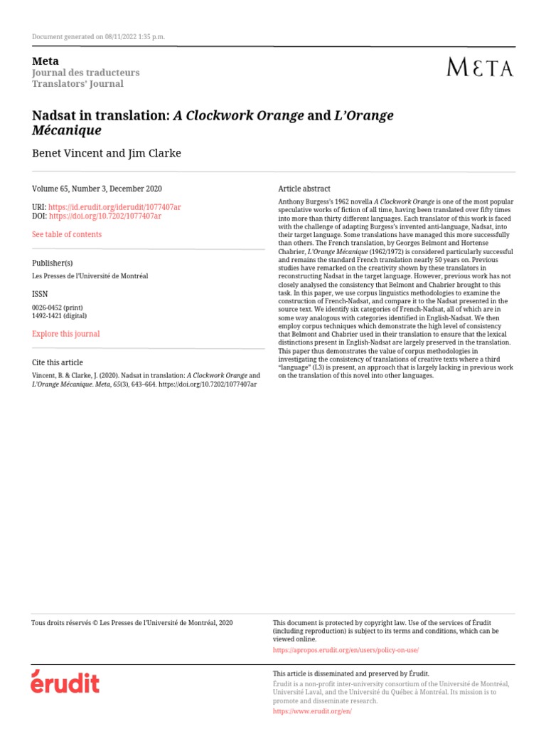 Nadsat in Translation: A Clockwork Orange and L'Orange Mécanique | PDF ...