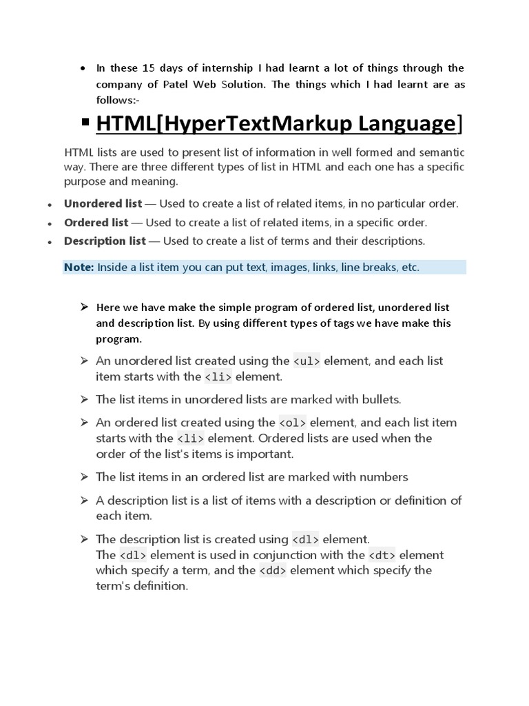 Format INTERNSHIP REPORT | Download Free PDF | Html Element | Html