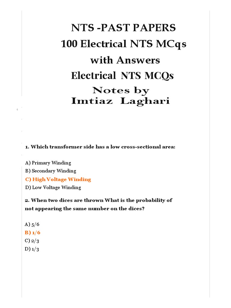 100 Electrical NTS MCQs With Answers (2019-20) 1 | PDF | Inductance | Transformer