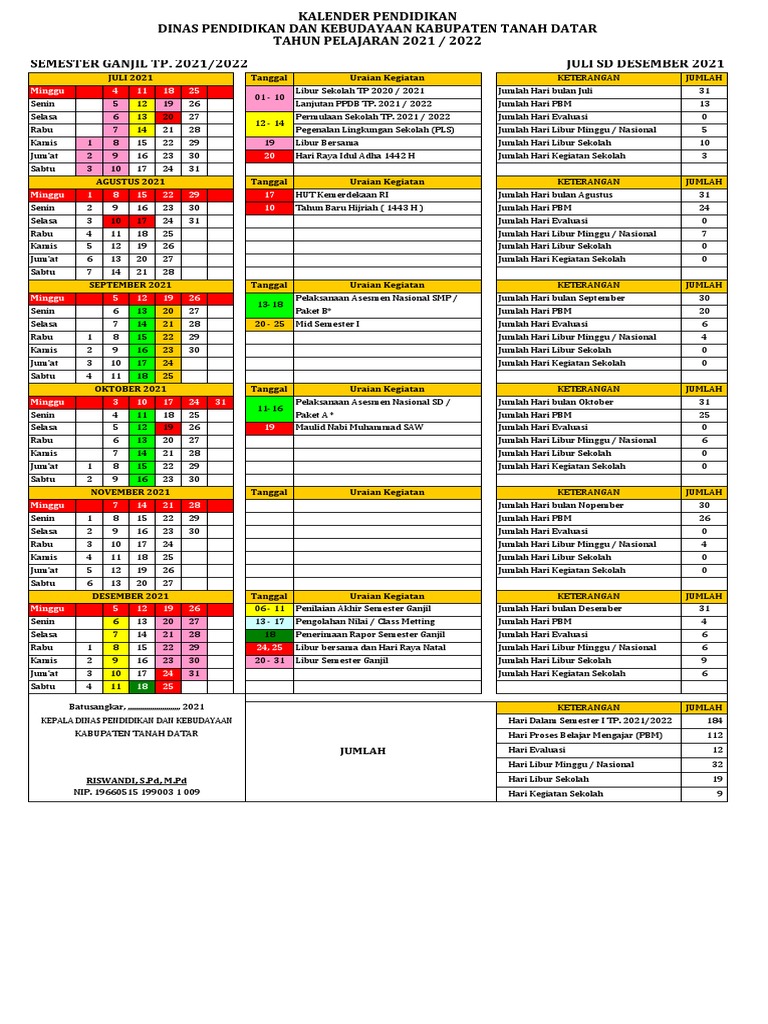 Kalender - Pendidikan - 2021-2022 Dinas | PDF