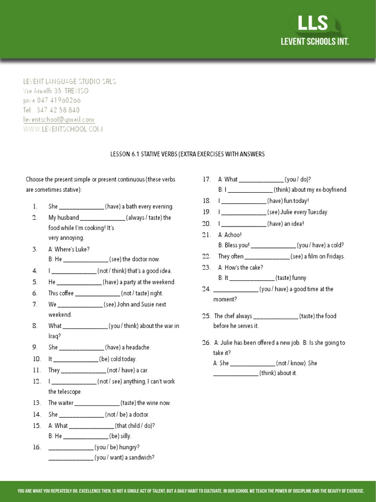 Lesson 6 1 Stative Verbs Extra Exercises | PDF