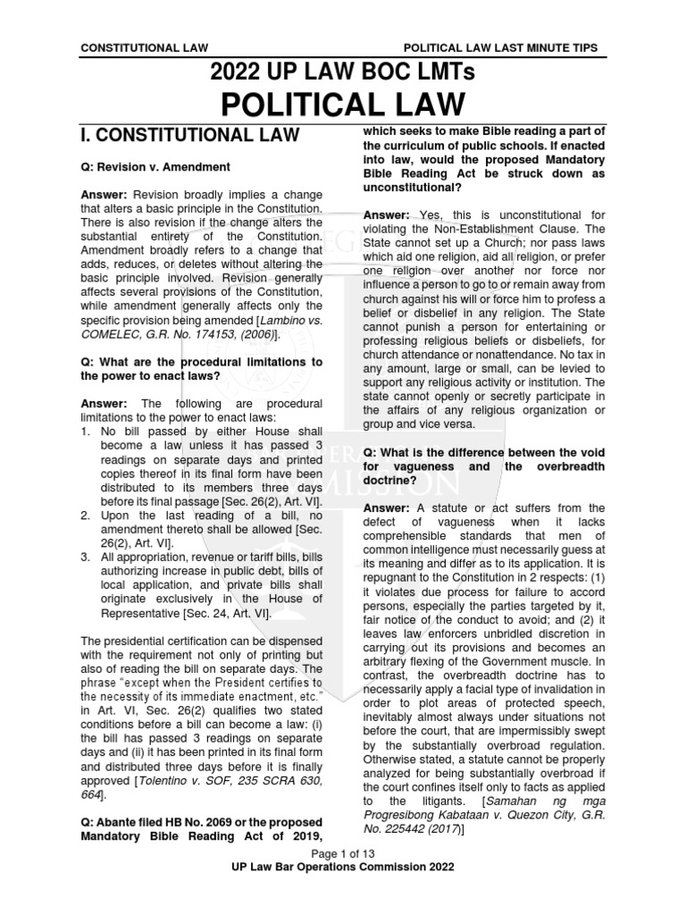 1 - (2022 UP LAW BOC) Political Law LMTs | PDF | Impeachment | Eminent ...