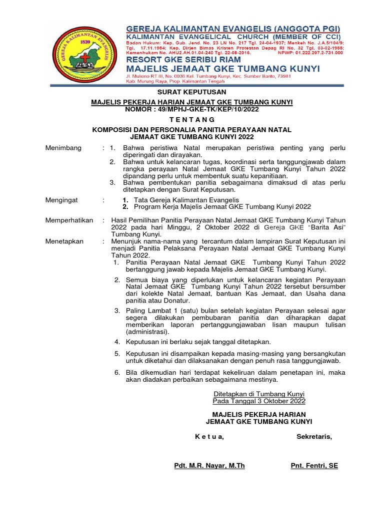 SK Panitia Natal Jemaat Gke Tumbang Kunyi 2022 | PDF