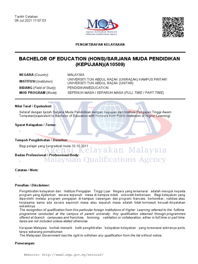 Mqa Pengiktirafan Kelayakan | PDF