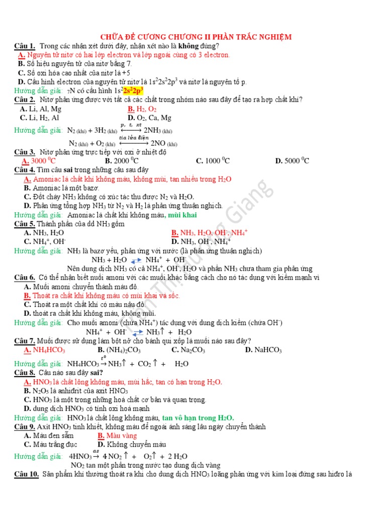 đáp án trắc nghiệm chương II N2 NH3 HNO3 | PDF