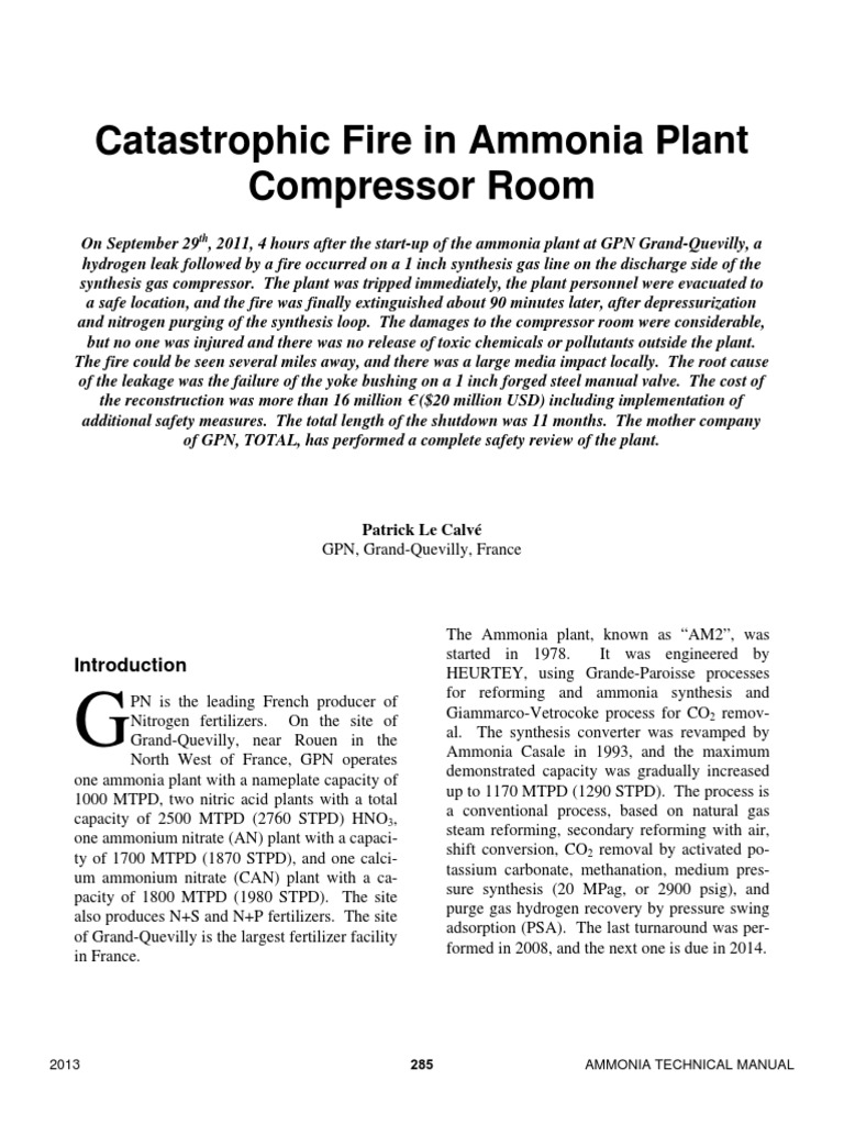 Catastrophic Fire in Ammonia Plant Compressor Room | PDF | Valve | Leak