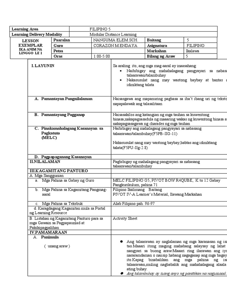 FILIPINO 5 Week 6 LE 2-Ikalawang Markahan | PDF