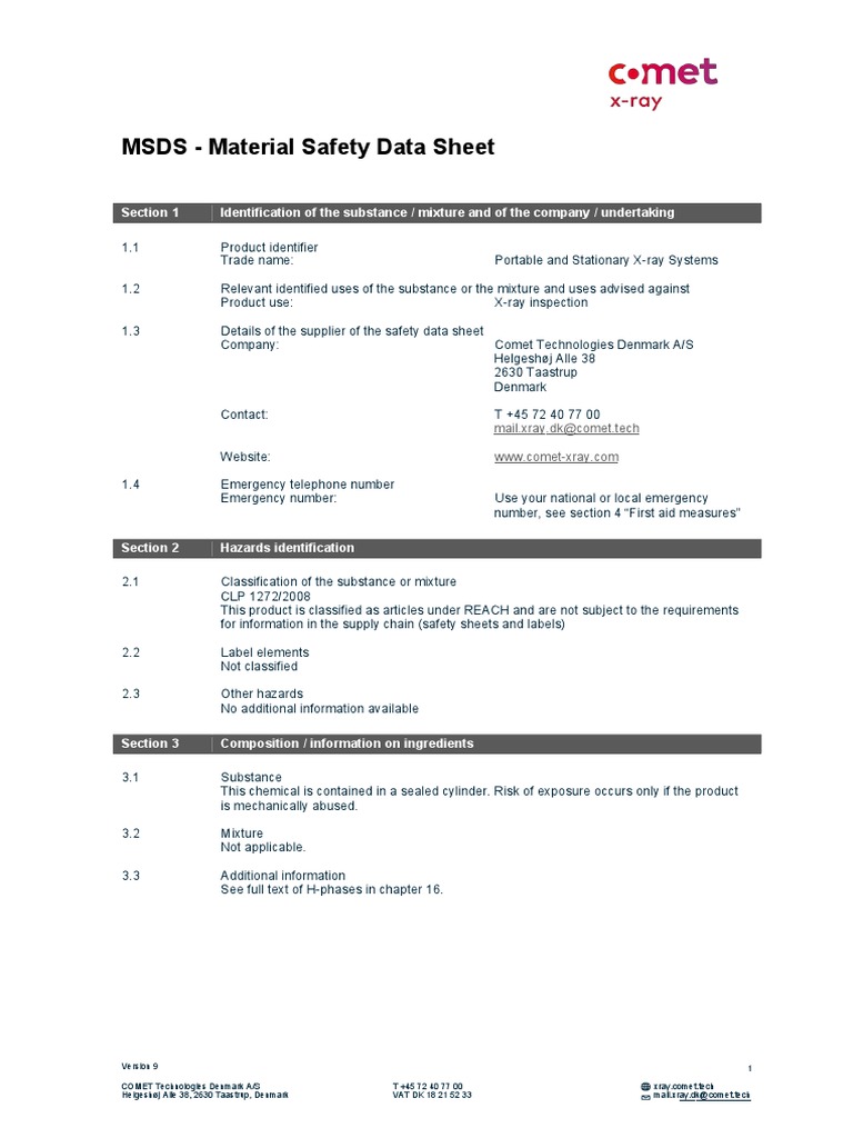 Comet X-ray Systems Safety Data Sheet | PDF | Dangerous Goods | Toxicity