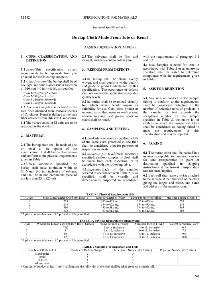 Burlap Cloth Made From Jute or Kenaf: Standard Specification For ...