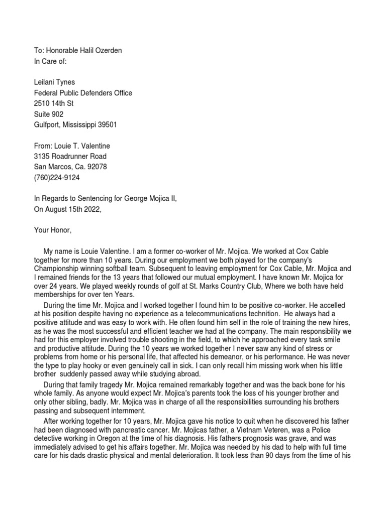 Sample Letter To Judge Before Sentencing | PDF | Family | Health Sciences