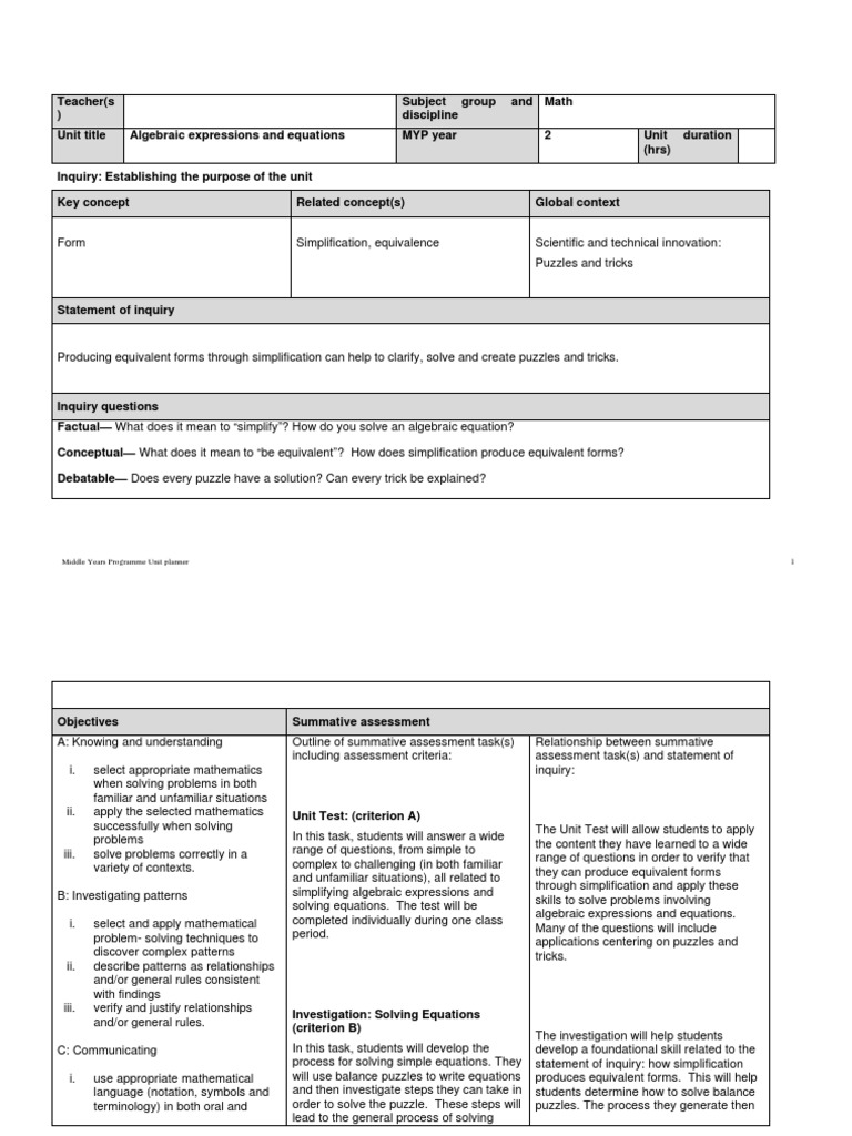 MYP2 Algebraic Terms and Expressions | Download Free PDF | Teaching ...