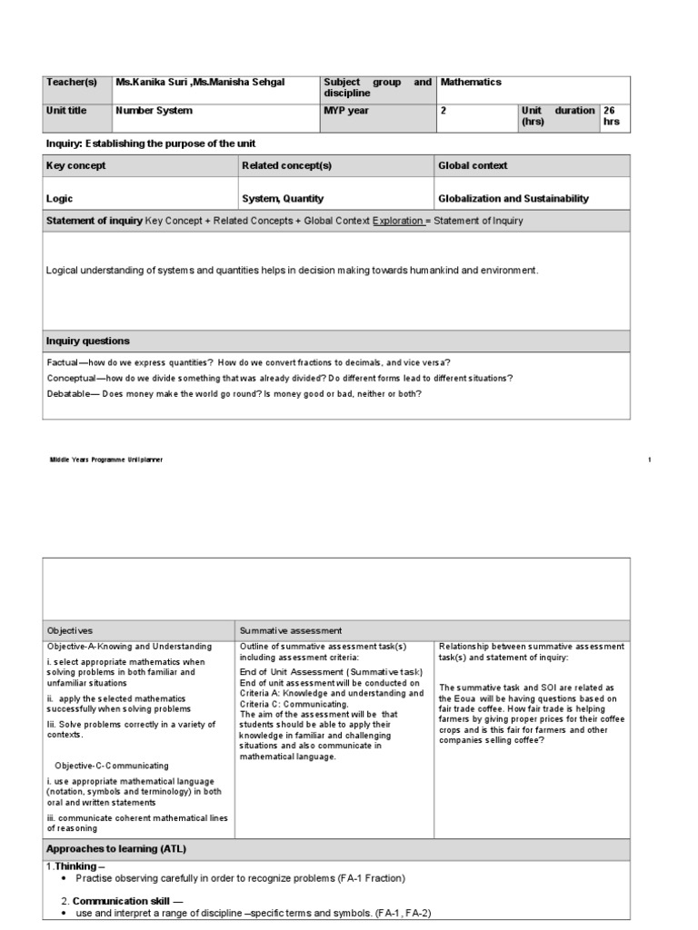 MYP 2 Online Unit Plan | PDF | Numbers | Ratio