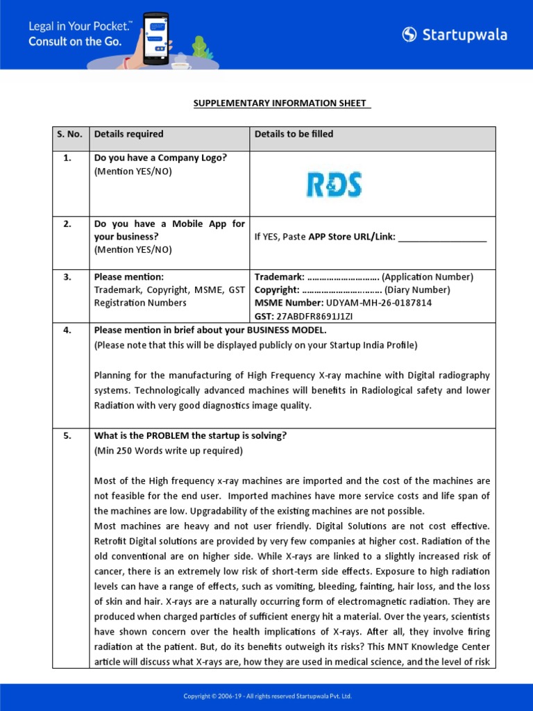 Supplementary Sheet - Startup India-1 | PDF | Ct Scan | Radiography