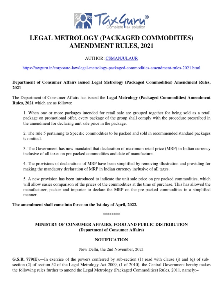 Legal Metrology (Packaged Commodities) Amendment Rules, 2021 - Taxguru ...