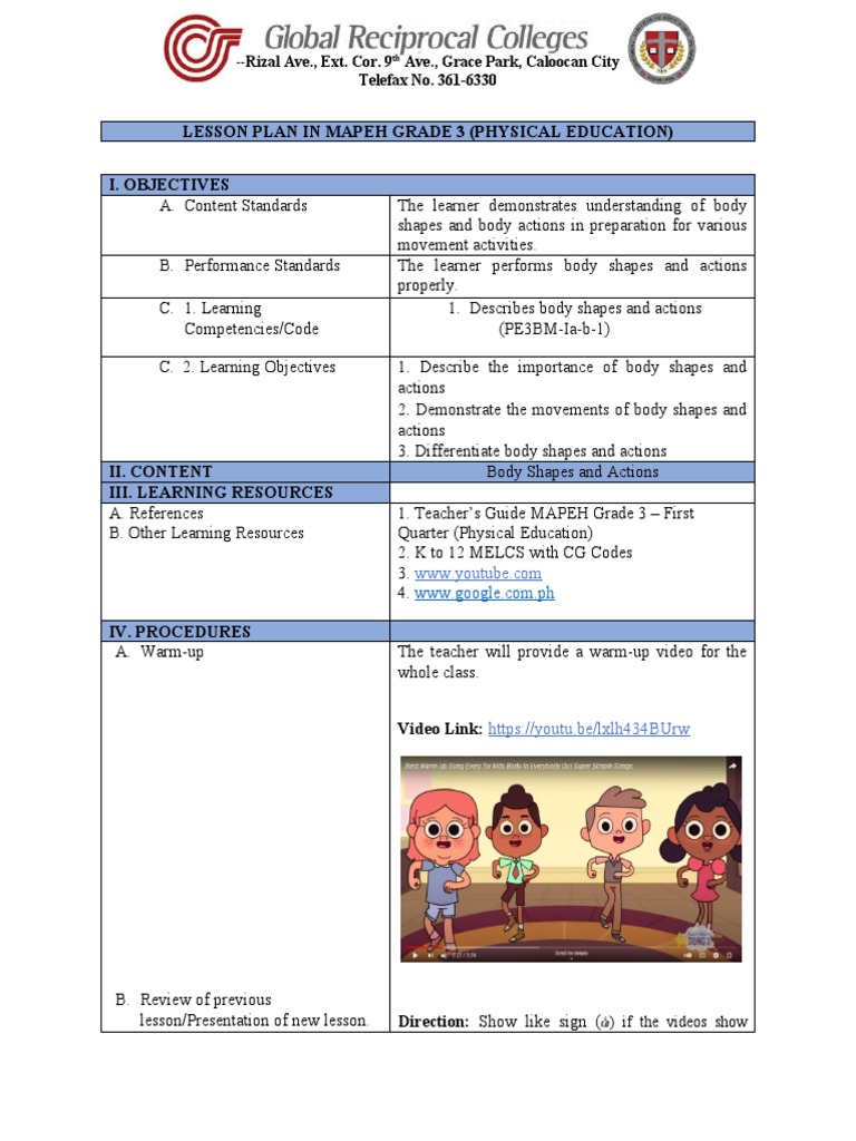 Grade 3 PE Lesson on Body Shapes and Actions | PDF | Teachers | Pedagogy