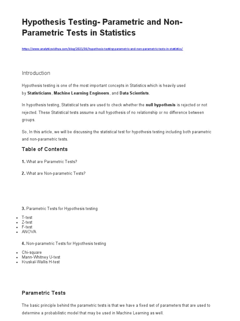 Hypothesis Testing: Parametric vs Non-Parametric | PDF | F Test ...