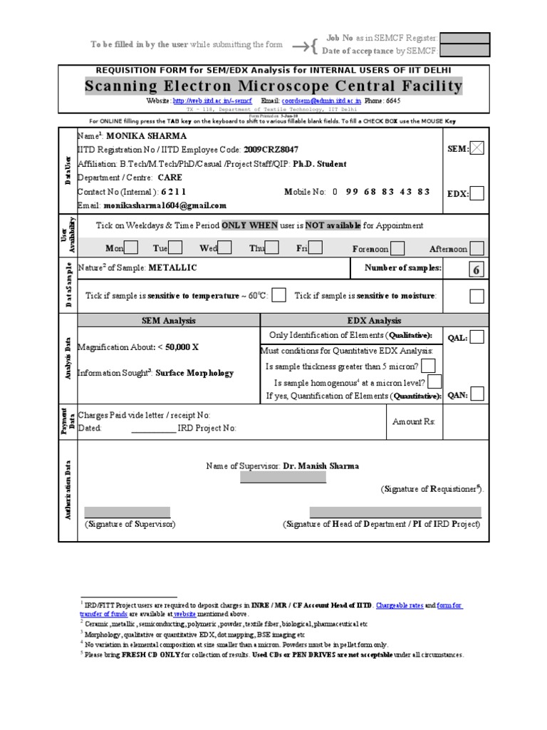 SEM/EDX Analysis Requisition Form IIT Delhi | PDF | Computers