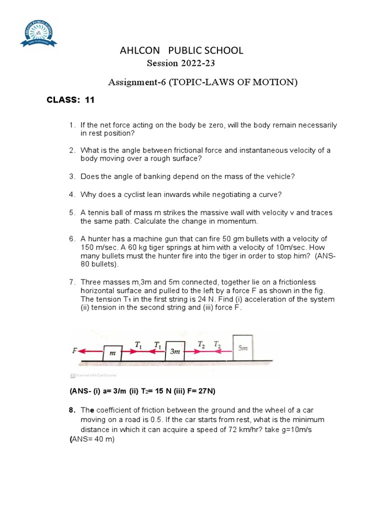 Laws of Motion Assignment for Class 11 | PDF | Teaching Methods ...