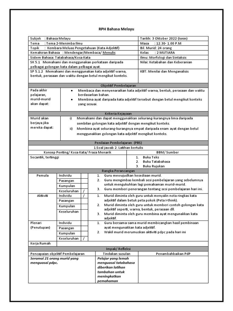 (LAPORAN RPH) BM 2 MUTIARA Kata Adjektif | PDF