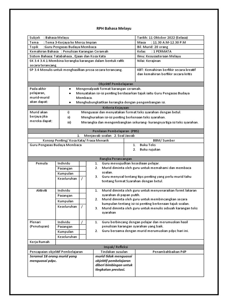 (LAPORAN RPH) BM 2 MUTIARA Karangan Ceramah, Syarahan, Ucapan | PDF