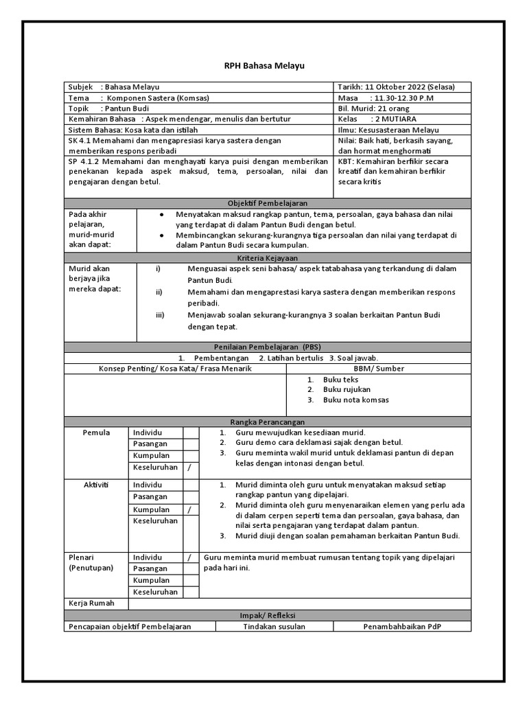 (LAPORAN RPH) BM 2 MUTIARA Pantun Budi | PDF
