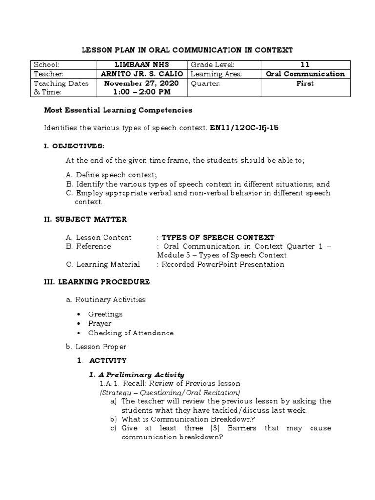 SAMPLE LESSON PLAN FOR COT Edited | PDF | Communication | Interpersonal ...