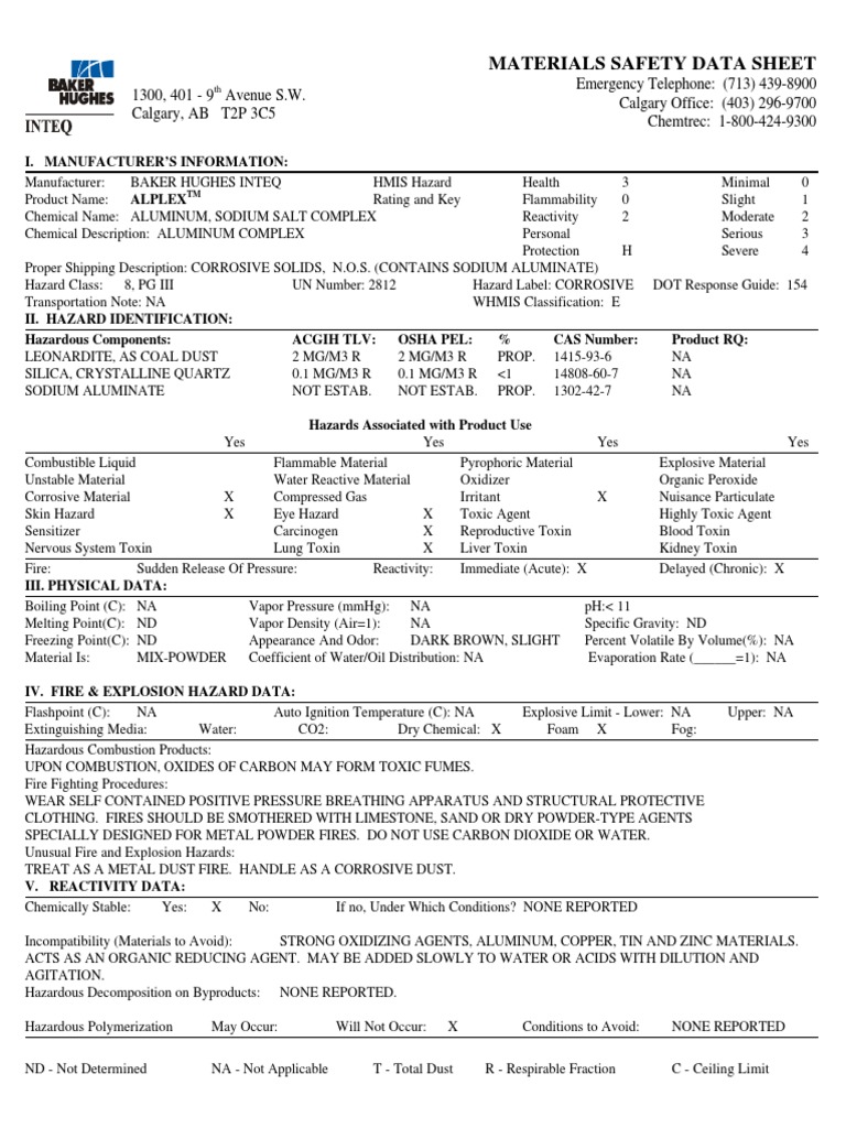 A Comprehensive Materials Safety Data Sheet for AlplexTM Sodium Aluminate Powder | PDF | Sodium ...
