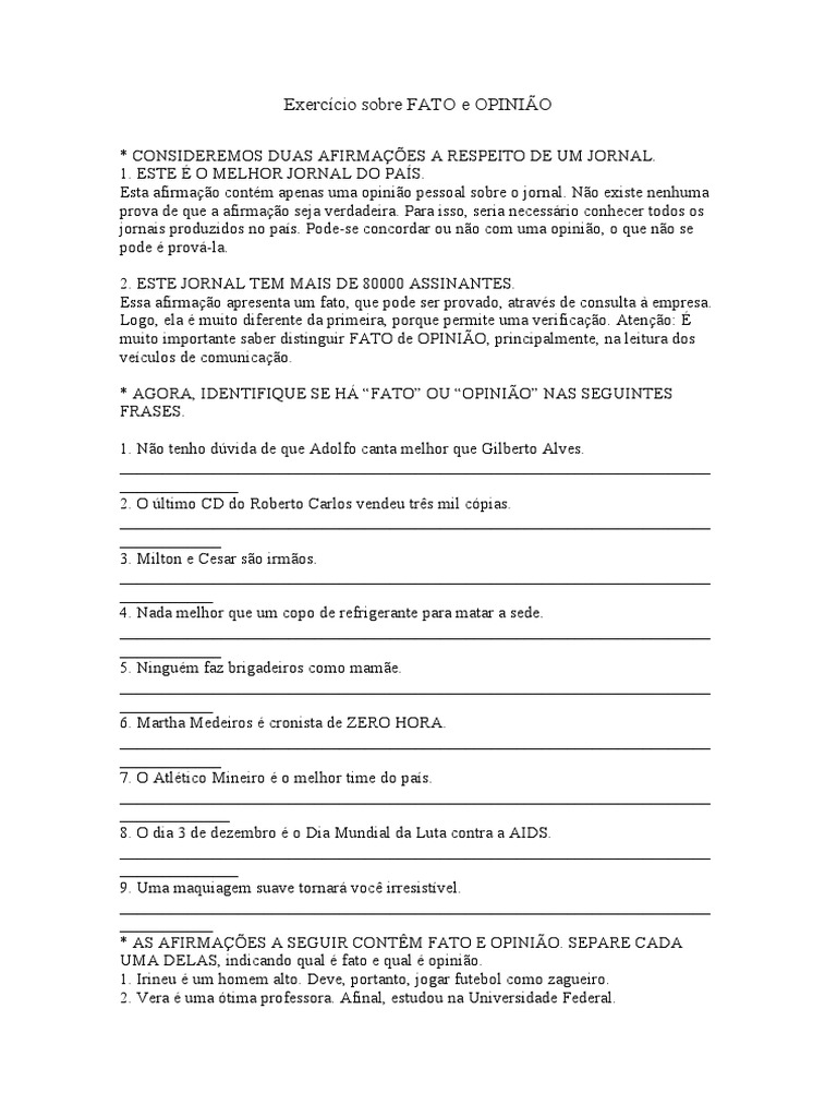 Exercício Sobre FATO e OPINIÃO | PDF