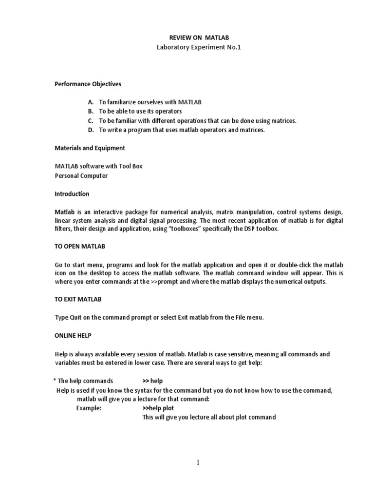 Experiment #1 | PDF | Matlab | Matrix (Mathematics)