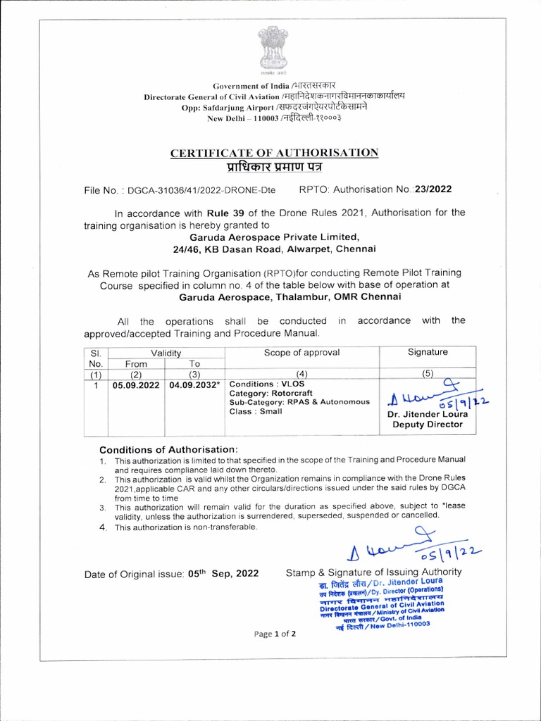 RPTO Authorisation Certificate No. 23 of 2022 - Garuda Aerospace | PDF