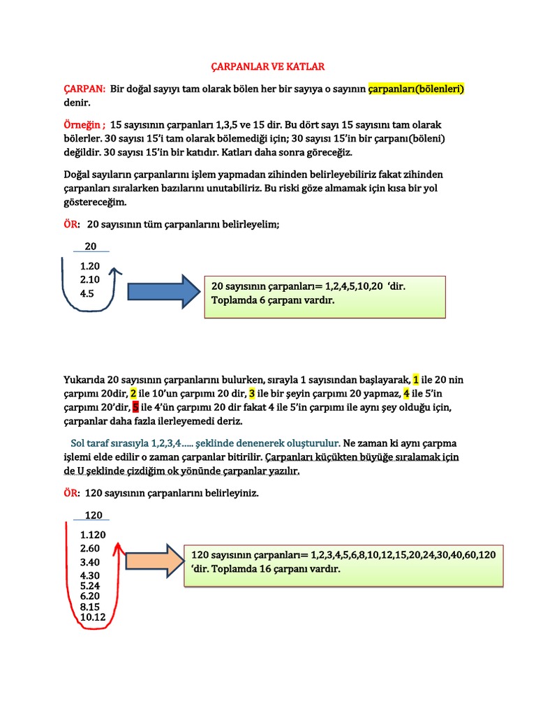 6.sinif Matematik Carpanlar Ve Katlar Konu Anlatimi Ve Calisma Sorulari | PDF