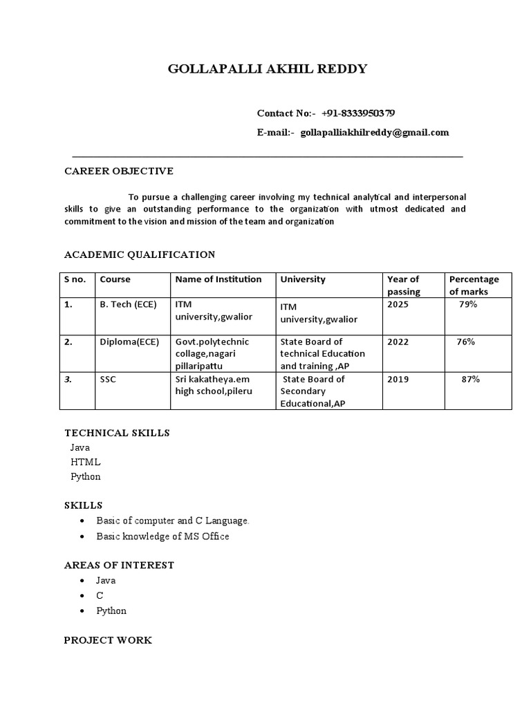 Gollapalli Akhil Reddy: Contact No:-+91-8333950379 Career Objective | PDF