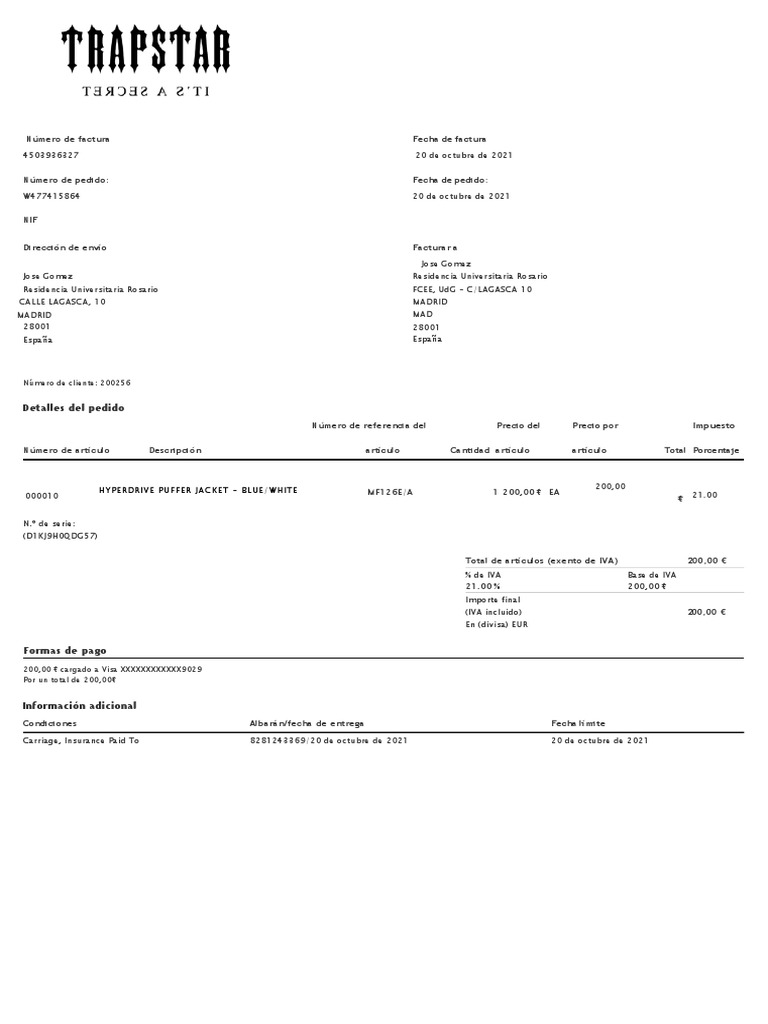 Factura Trapstar FK Abrigo | PDF | Contabilidad | Documentos empresariales