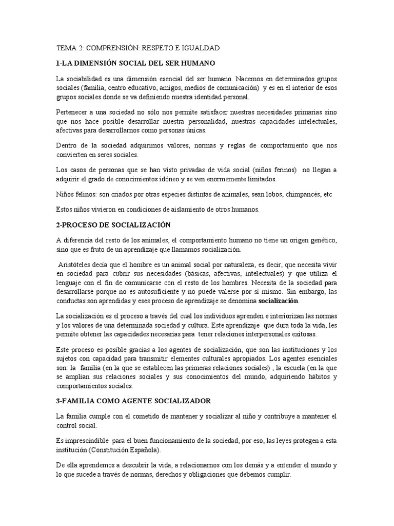 Tema 2 Comprensión, Respeto e Igualdad | PDF | Familia | Socialización