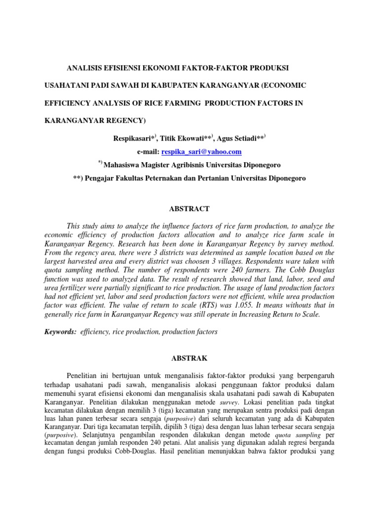 ID Analisis Efisiensi Ekonomi Faktor Faktor Produksi Usahatani Padi Sawah Di Kabupa | PDF