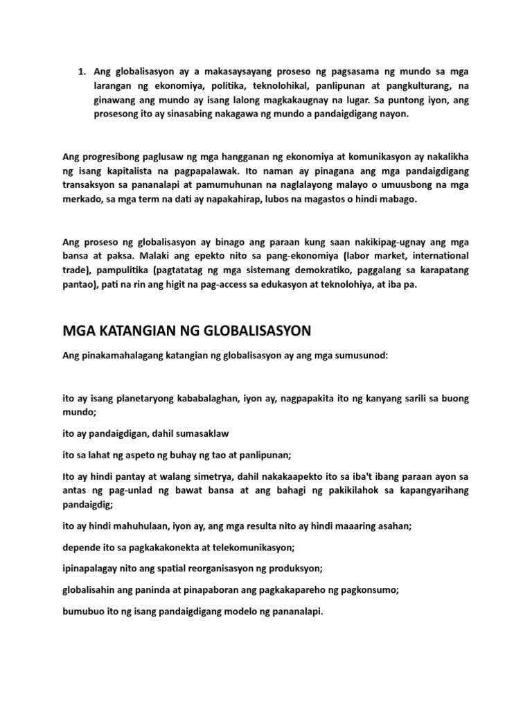 Ang Globalisasyon Ay A Makasaysayang Proseso NG Pagsasama NG Mundo Sa ...