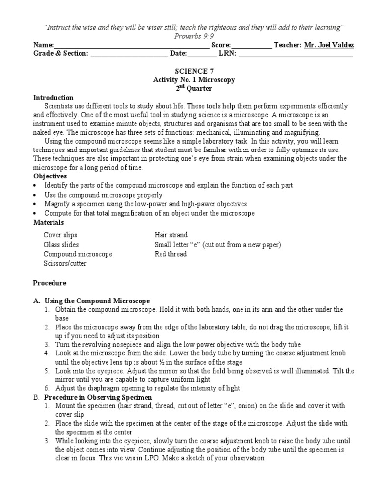 Activity No. 1 Micros | PDF | Microscope | Laboratories