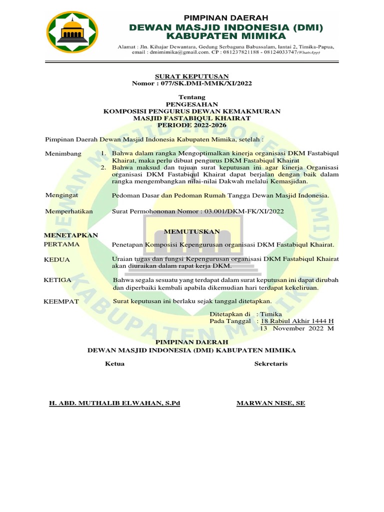 SK DKM Fastabiqul Khairat 2022-2026 | PDF | Pengelolaan Keuangan & Uang