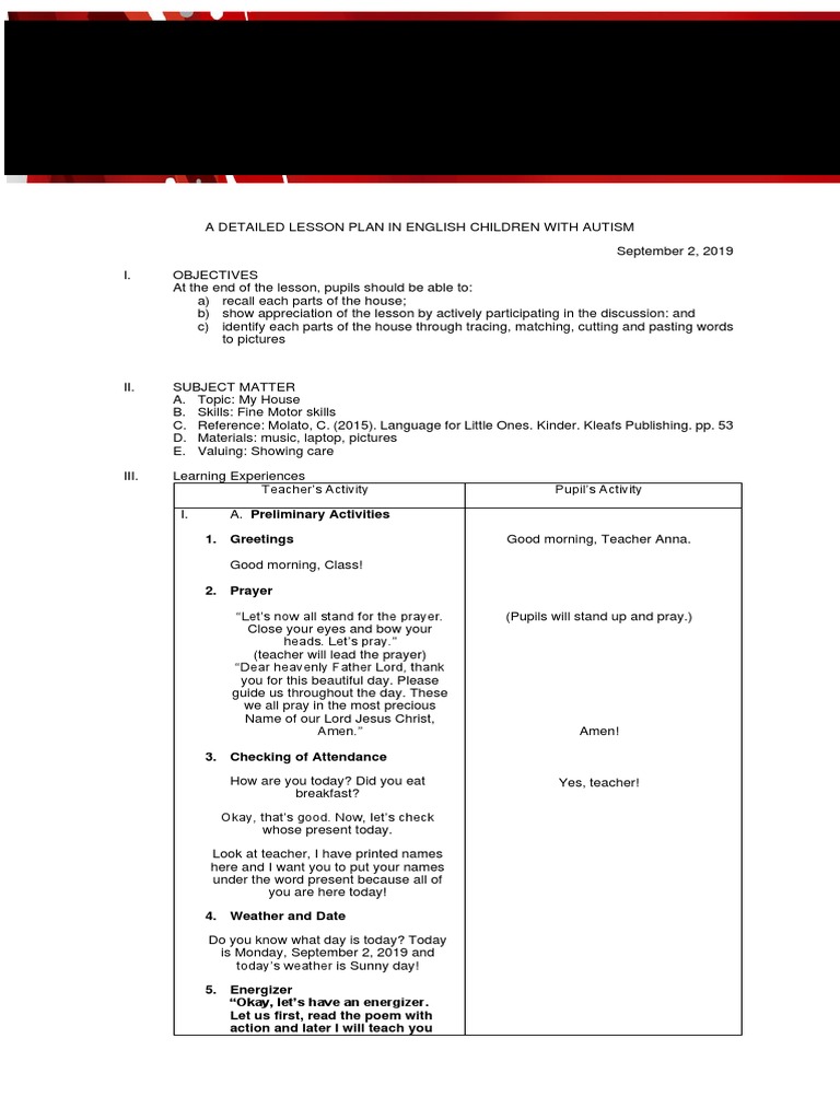 A Detailed Lesson Plan Sample For Childr | PDF | Wall | Classroom