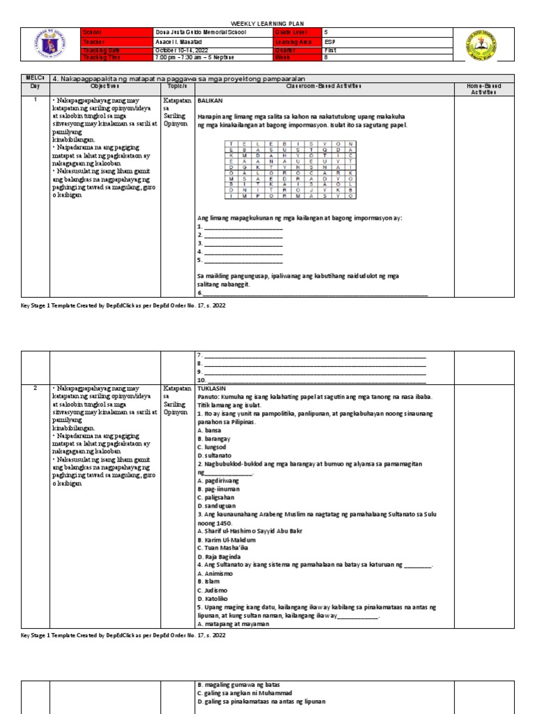 Puta WLP - Q1 - W8 - Anacel 4 Sub Week 5 Lesson | PDF