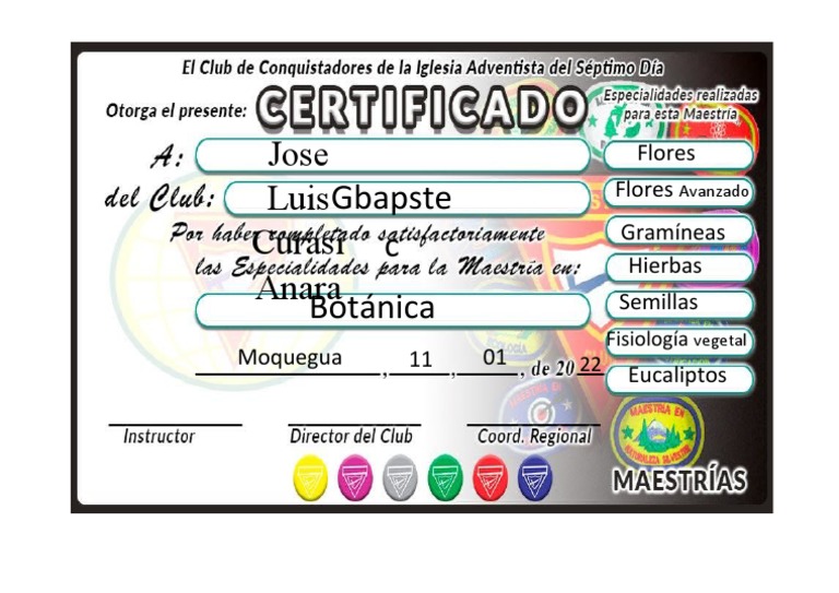 Certificado Maestria en Botánica para Club de Conquisatadores | PDF