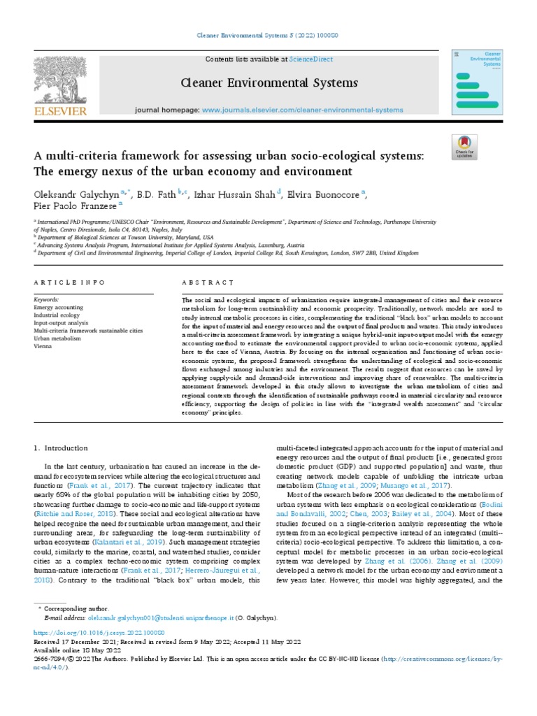 A Multi Criteria Framework For Assessing Urban Socio Ecological Systems