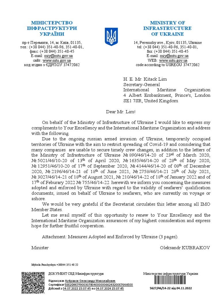 The Letter To The IMO | PDF | Ukraine | Sailor