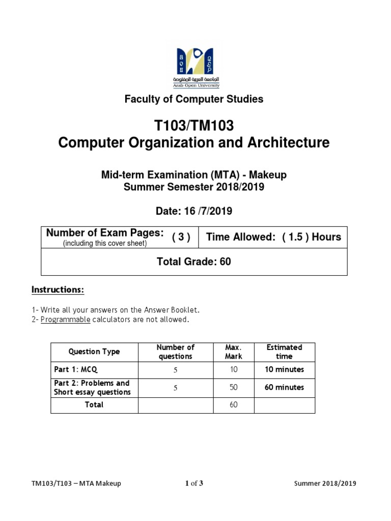 T103 - TM103 - Mta - Makeup - Summer 1819 | PDF | Multiple Choice | Computer Architecture