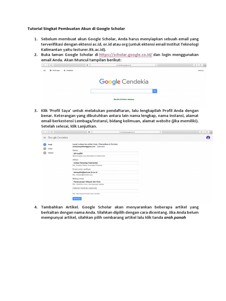 Tutorial Singkat Pembuatan Akun Di Google Scholar | PDF