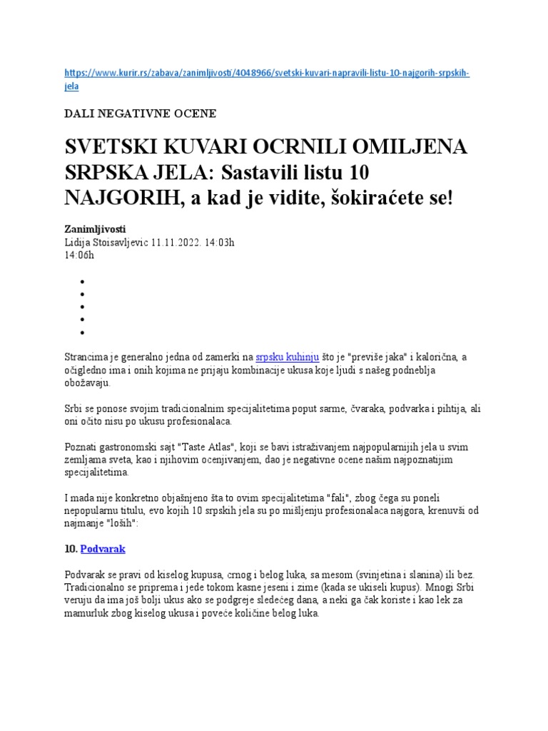 Svetski Kuvari Ocrnili Omiljena Srpska Jela | PDF
